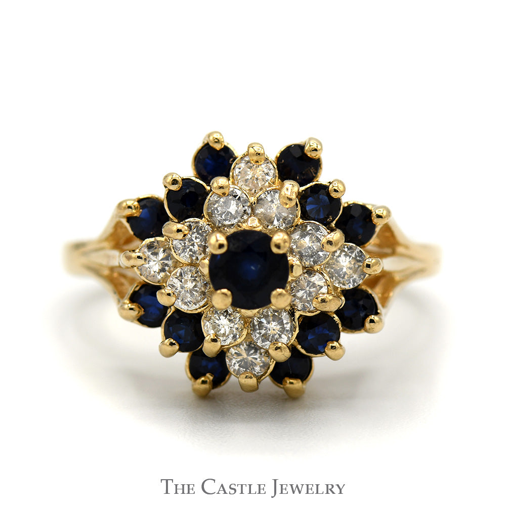 Vintage Style Sapphire Diamond Cluster Ring in 14k Yellow Gold