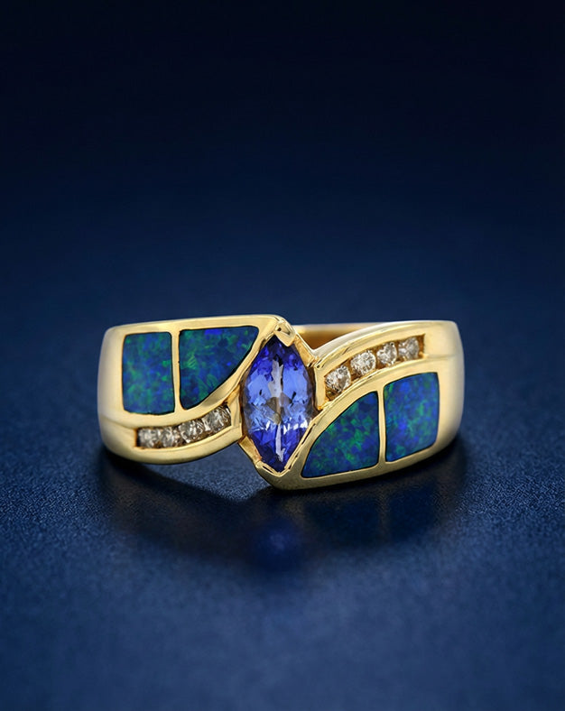 Marquise Tanzanite Ring with Diamond Accented Opal Inlay Sides in 14k ...