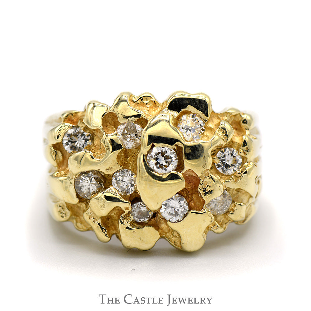 3/4cttw Diamond Cluster Nugget Designed Men's Ring in 10k Yellow Gold ...