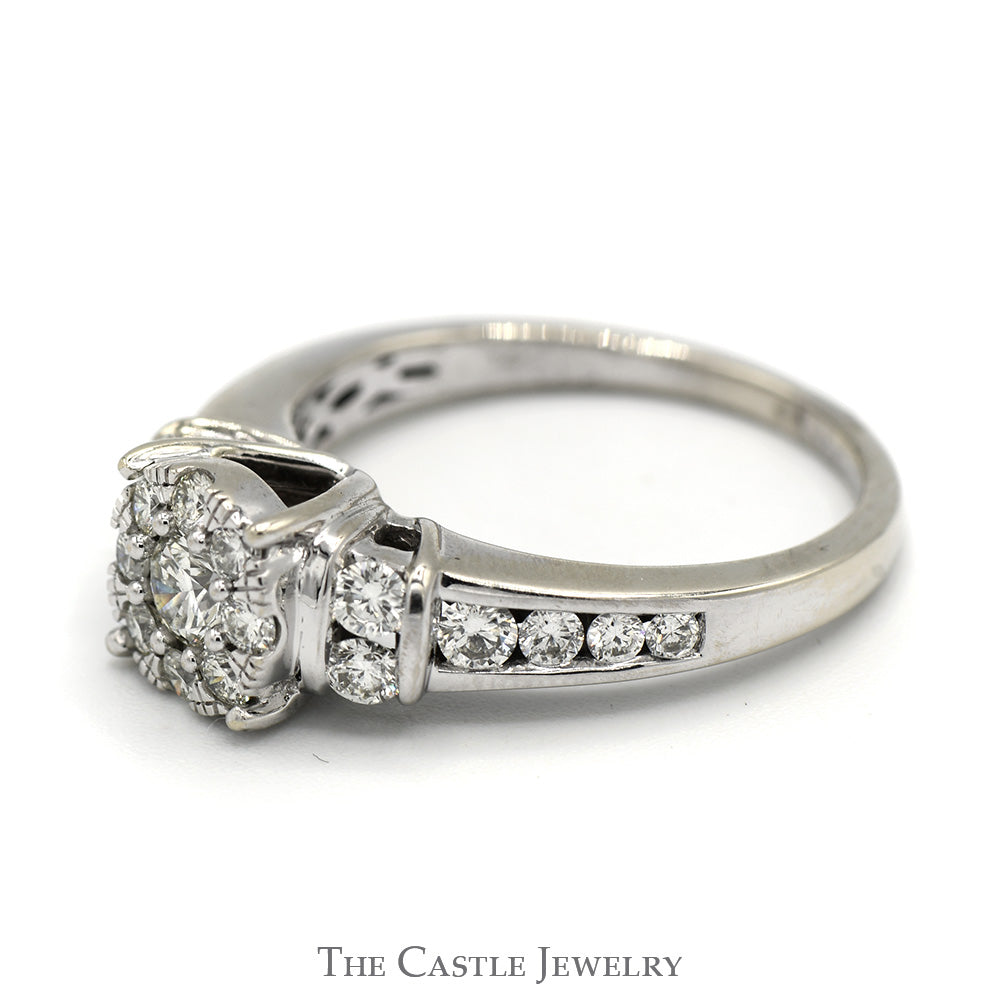 1cttw Diamond Cluster Engagement Ring with Channel Set Accents in 14k ...