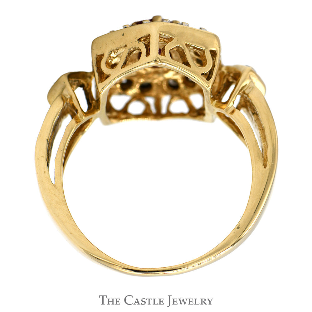 Oval Ruby Shield ring with Diamond Halo and Accents in 14k Yellow Gold ...