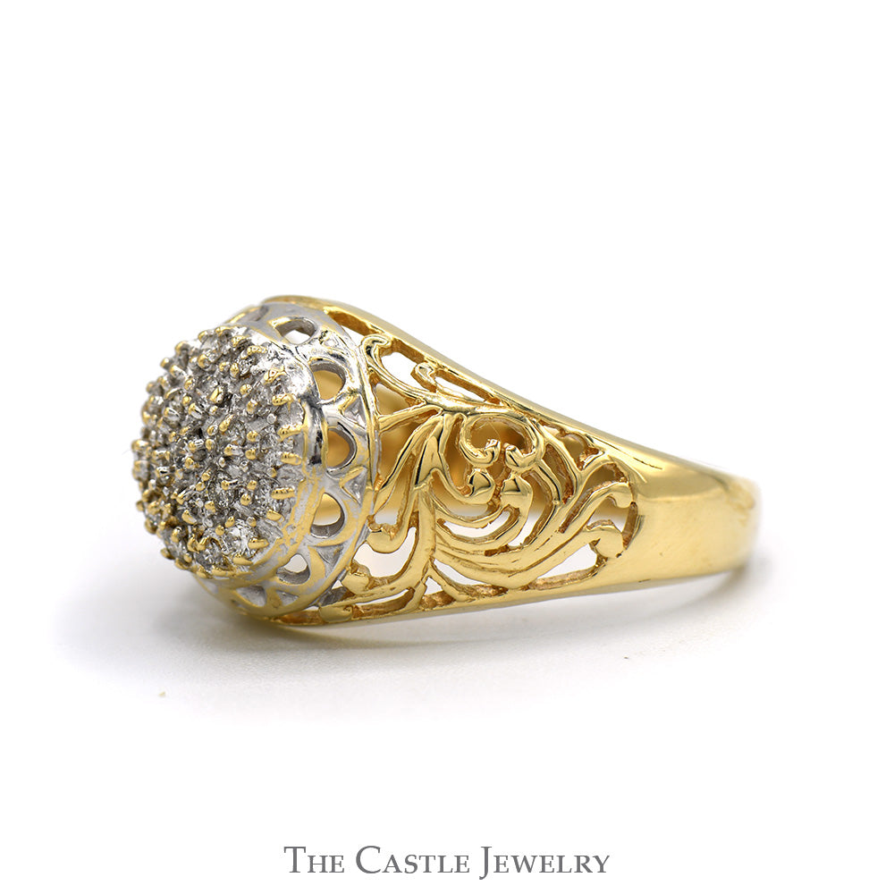 Diamond Kentucky Cluster Ring with Open Filigree Sides in 10k Yellow G ...