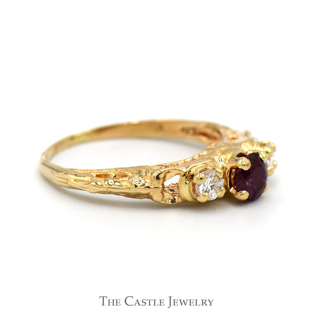 Vintage Style 3 Stone Ruby and Diamond Ring in 14k Yellow Gold – The ...