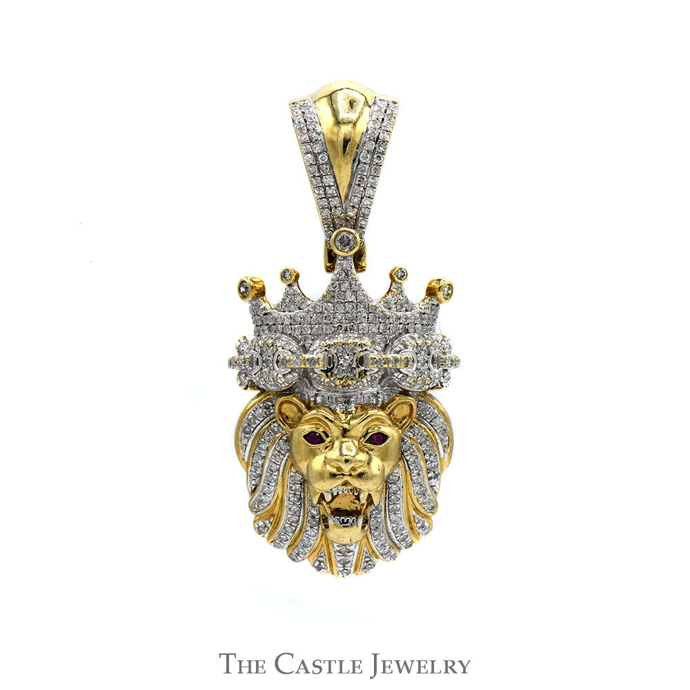 1cttw Pave Set Diamond Lion Head Pendant with Ruby Eyes in 10k Yellow ...