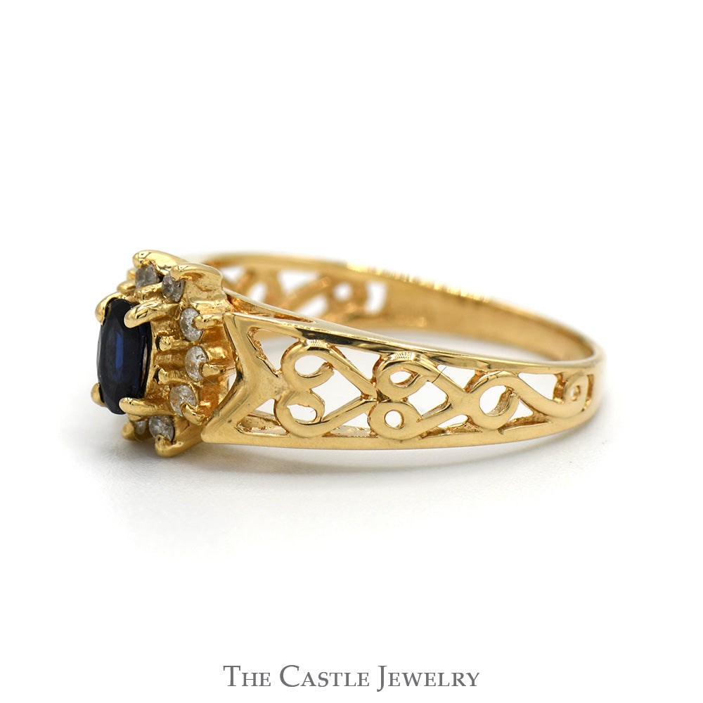 Oval Sapphire Ring with Diamond Halo in 14k Yellow Gold Open Heart Mou ...