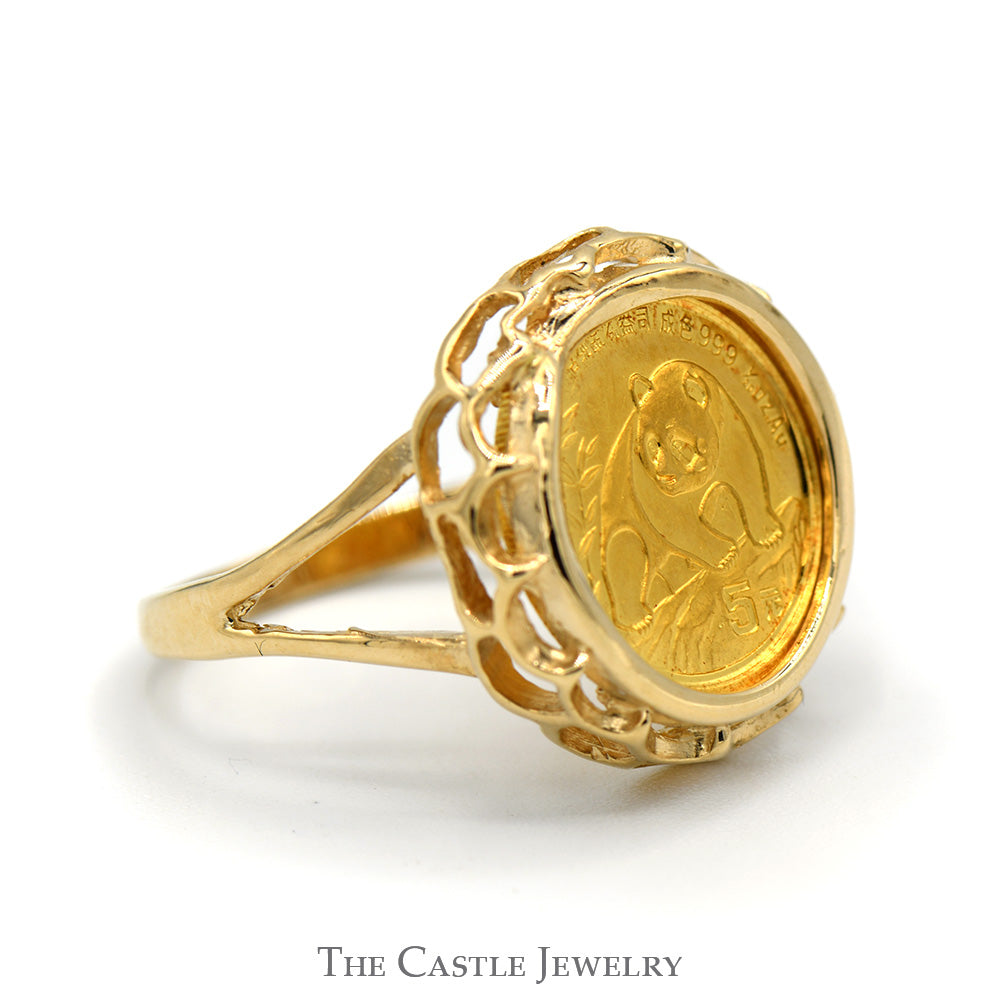 24K Gold 1990 Panda Coin Ring in 10k Yellow Gold Scalloped Designed Be ...