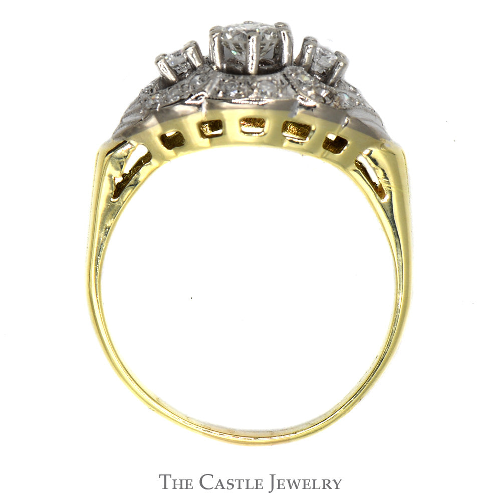 Three Stone Antique Style Diamond Ring with Diamond Accents in 14k Yel ...
