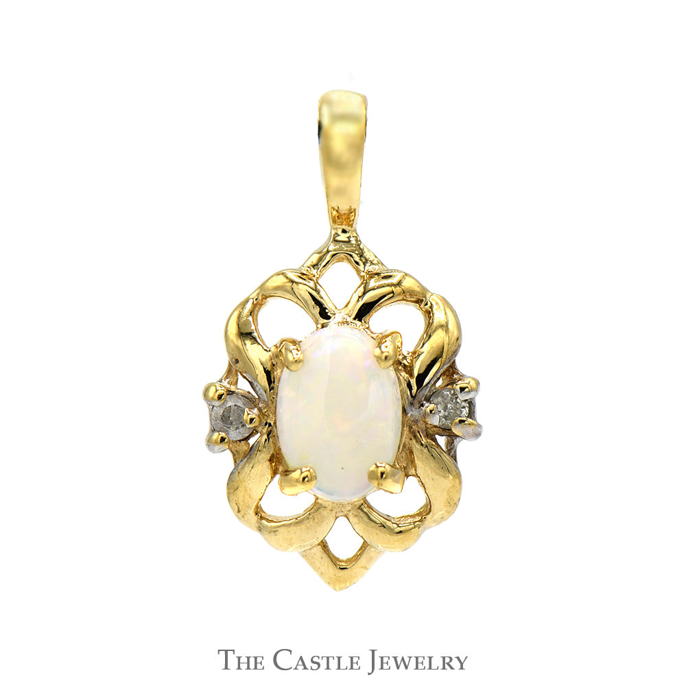 Oval Opal Pendant in 10k Yellow Gold Open Scroll Bezel with Diamond Ac ...