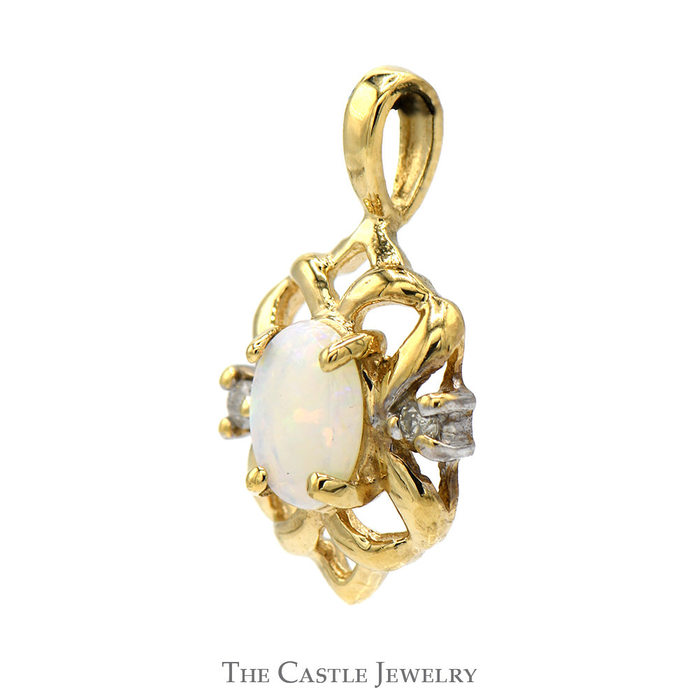 Oval Opal Pendant in 10k Yellow Gold Open Scroll Bezel with Diamond Ac ...