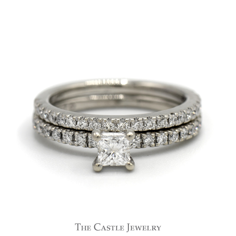 Princess Cut Diamond Bridal Set with Diamond Accented Sides and Matchi ...