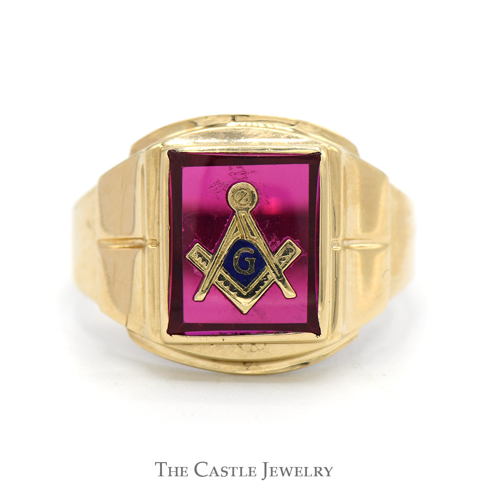 Square & Compass Masonic Ring on Synthetic Red Stone in 10k Yellow Gol ...