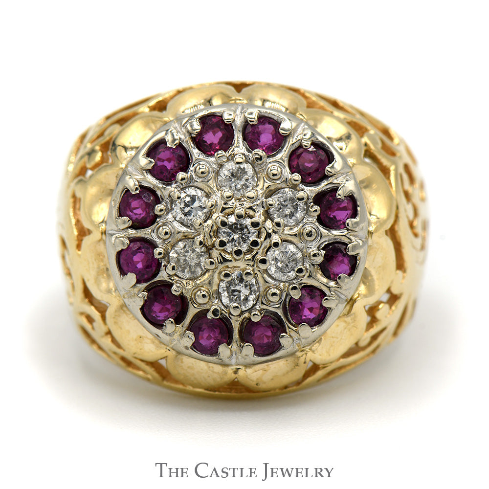 Ruby and Diamond Kentucky Cluster Ring with Open Filigree Sides in 10k ...