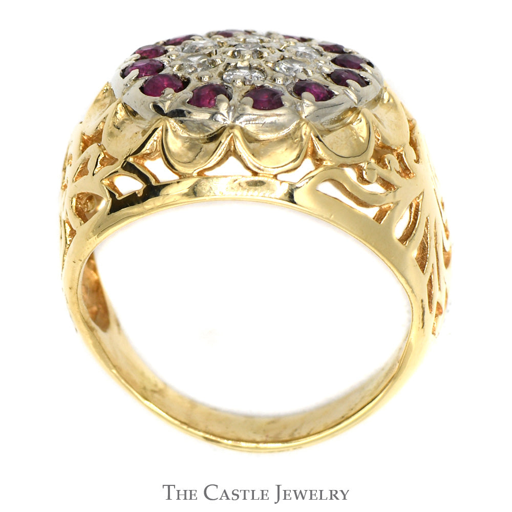 Ruby and Diamond Kentucky Cluster Ring with Open Filigree Sides in 10k ...