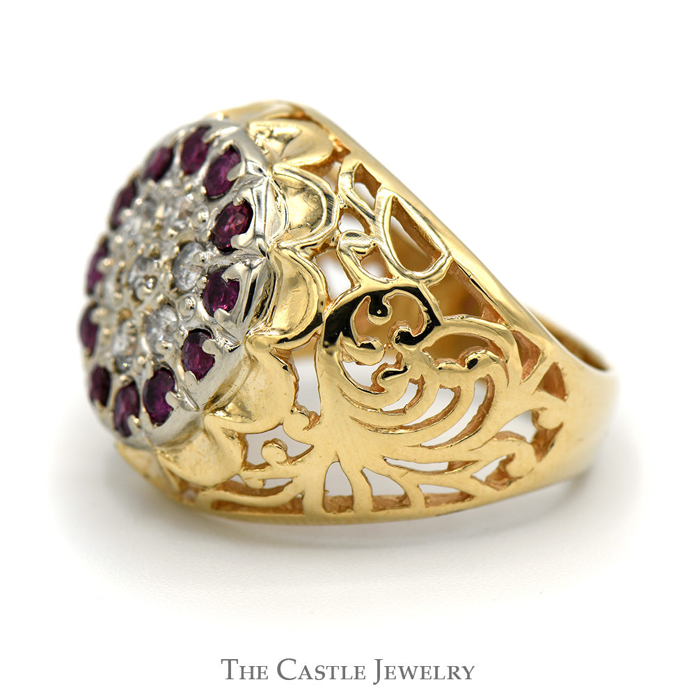 Ruby and Diamond Kentucky Cluster Ring with Open Filigree Sides in 10k ...
