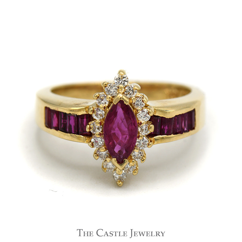 Marquise Ruby Ring with Diamond Halo and Channel Set Ruby Baguettes ...