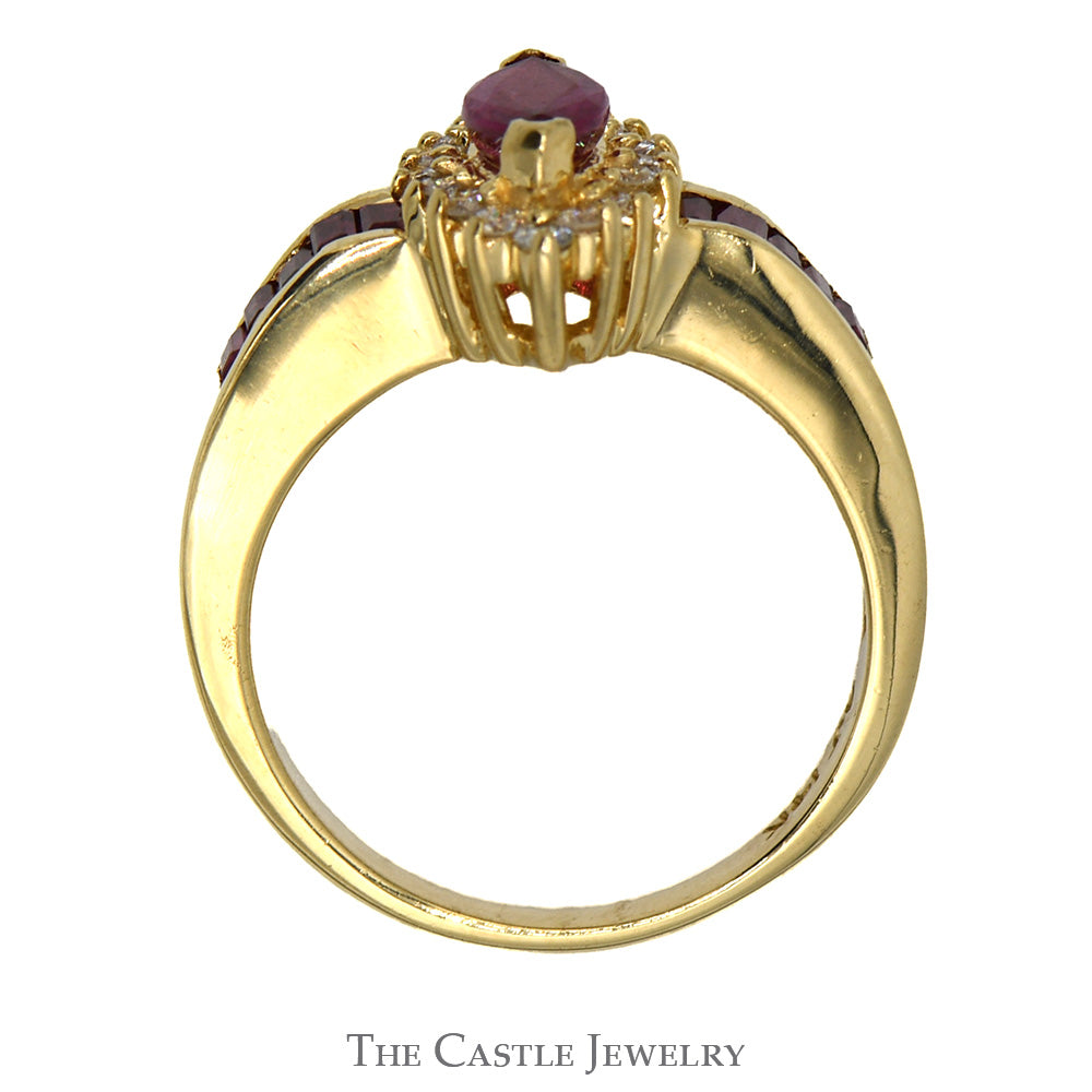 Marquise Ruby Ring with Diamond Halo and Channel Set Ruby Baguettes ...
