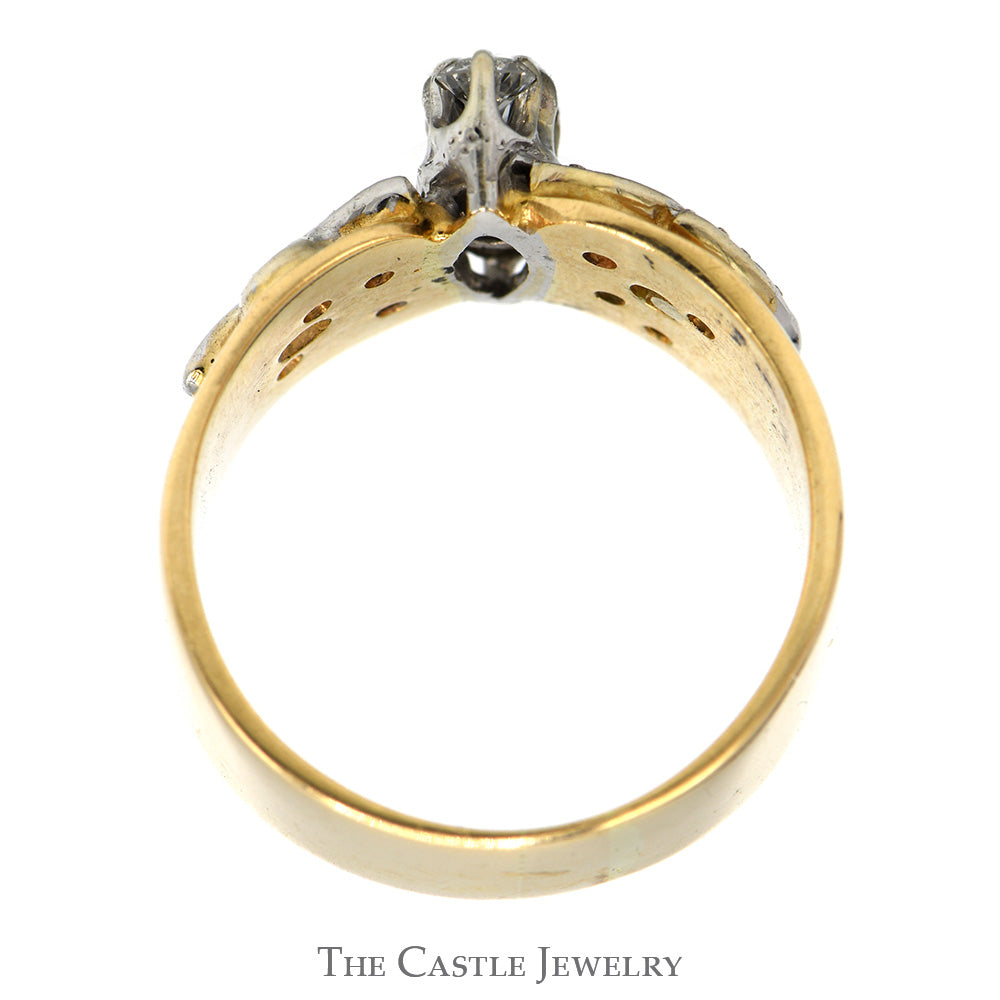 Vertical Three Stone Diamond Ring with Leaf Designed Diamond Accented ...