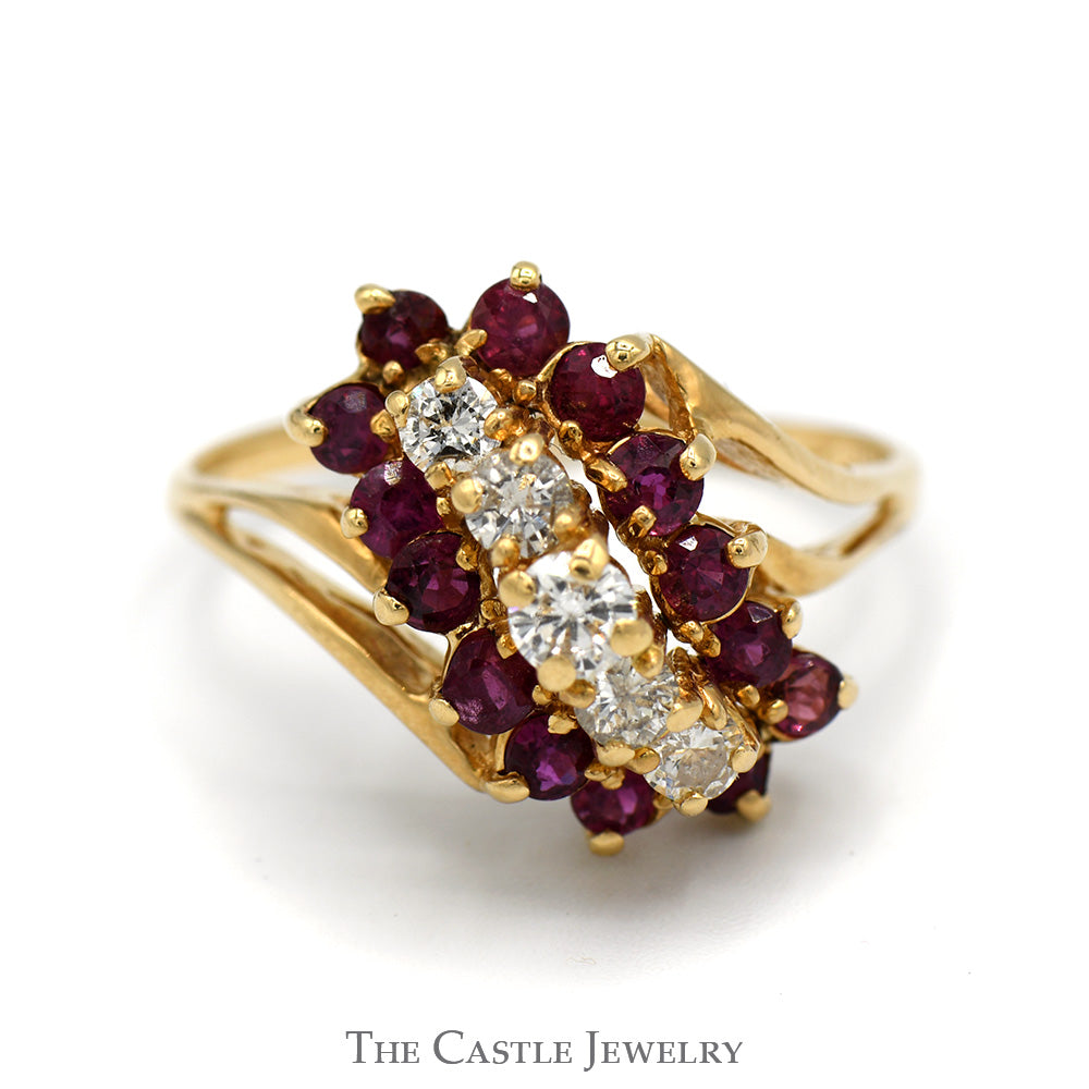 Diamond & Ruby Waterfall Cocktail Cluster Ring in 14k Yellow Gold Spli ...