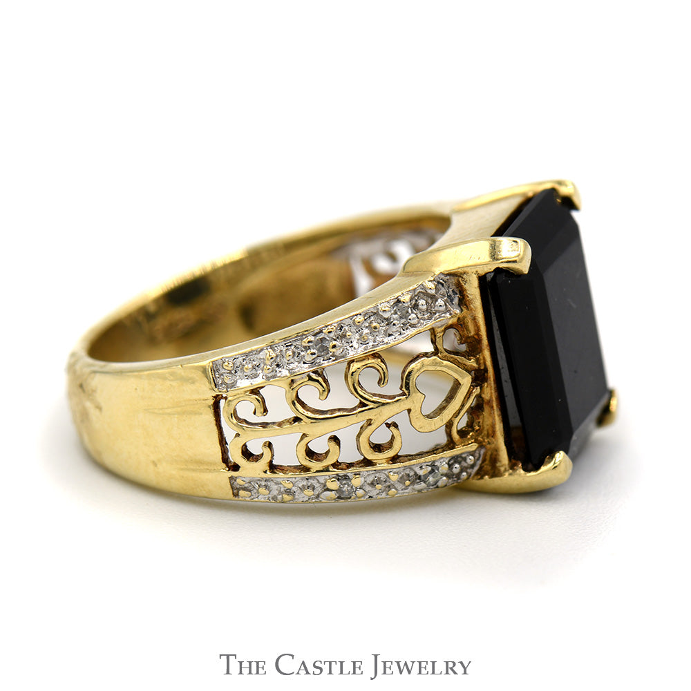 Rectangle Cut Black Onyx Ring with Diamond Accented Scroll Designed Si ...
