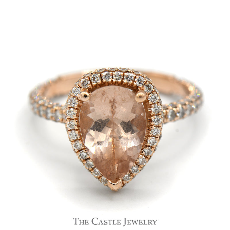Pear Cut Morganite Ring with Diamond Halo and Accented Sides in 14k Ro ...
