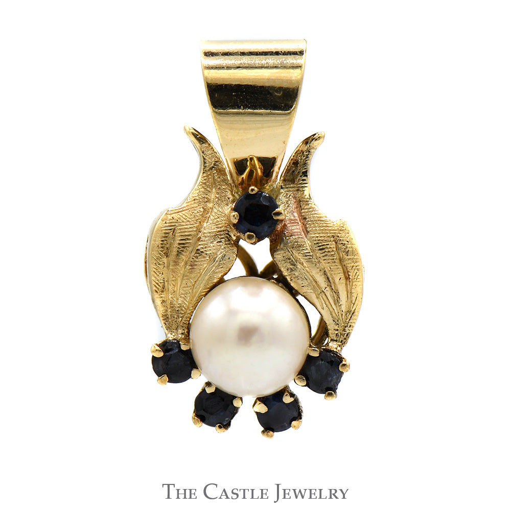 Round Pearl Pendant with Sapphire Accented Wing Inspired Design in 10k ...