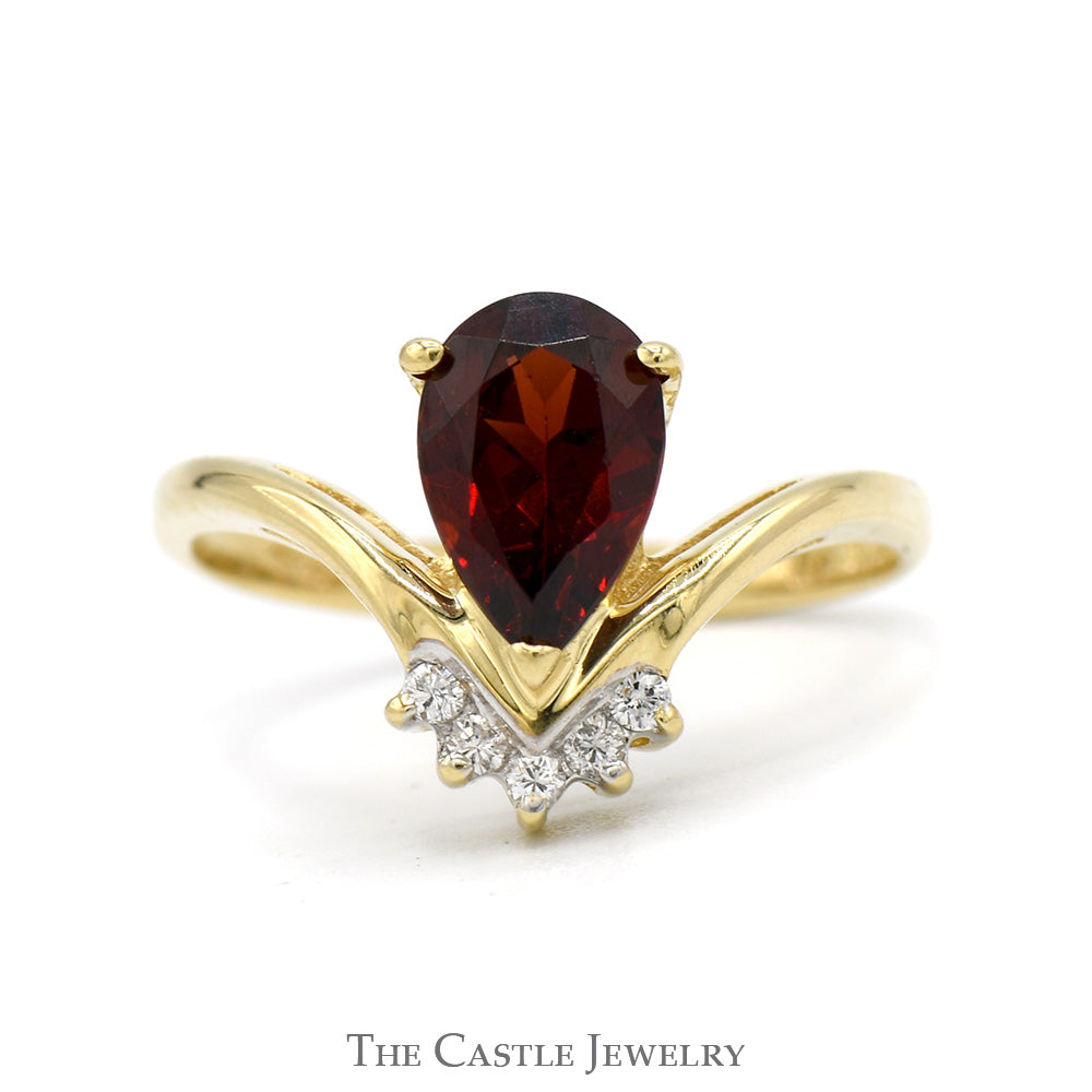Pear Cut Garnet Ring with Diamond Accents in 14k Yellow Gold "V" Shape ...