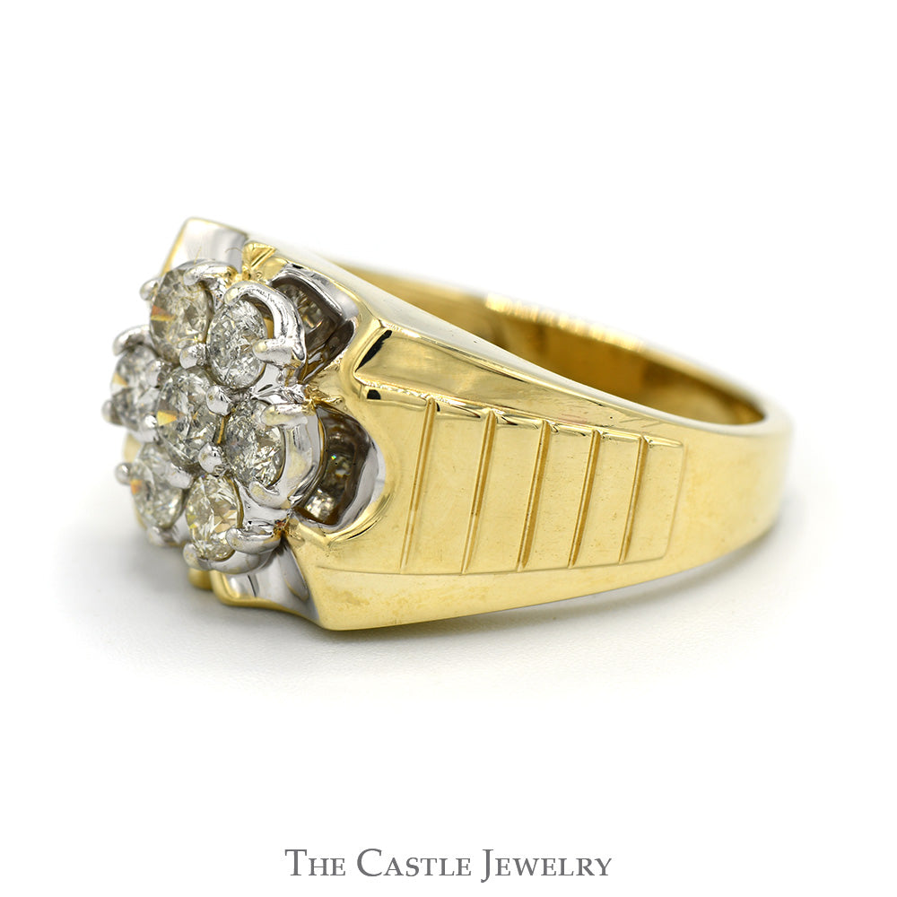 1.5cttw Round 7 Diamond Cluster Ring with Grooved Sides in 10k Yellow ...