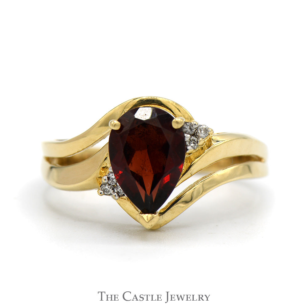 Pear Cut Garnet Ring with Illusion Set Diamond Accents in 10k Yellow G ...