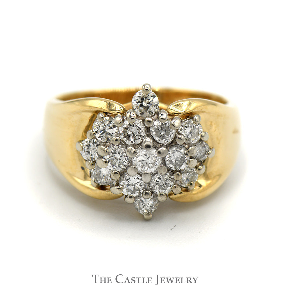 Diamond Flower Cluster Ring in 10k Yellow Gold Wide Cathedral Mounting ...