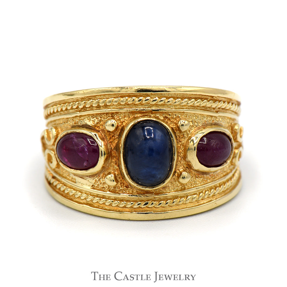 Bezel Set Cabochon Sapphire and Ruby Band with Engraved Ornate Detaili ...
