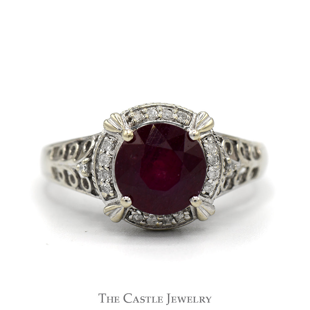 Round Ruby Ring with Diamond Bezel and Scrollwork Sides in 10k White G ...