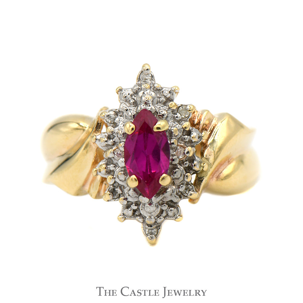 Marquise Shaped Ruby Ring with Illusion Set Diamond Halo in 10k Yellow ...