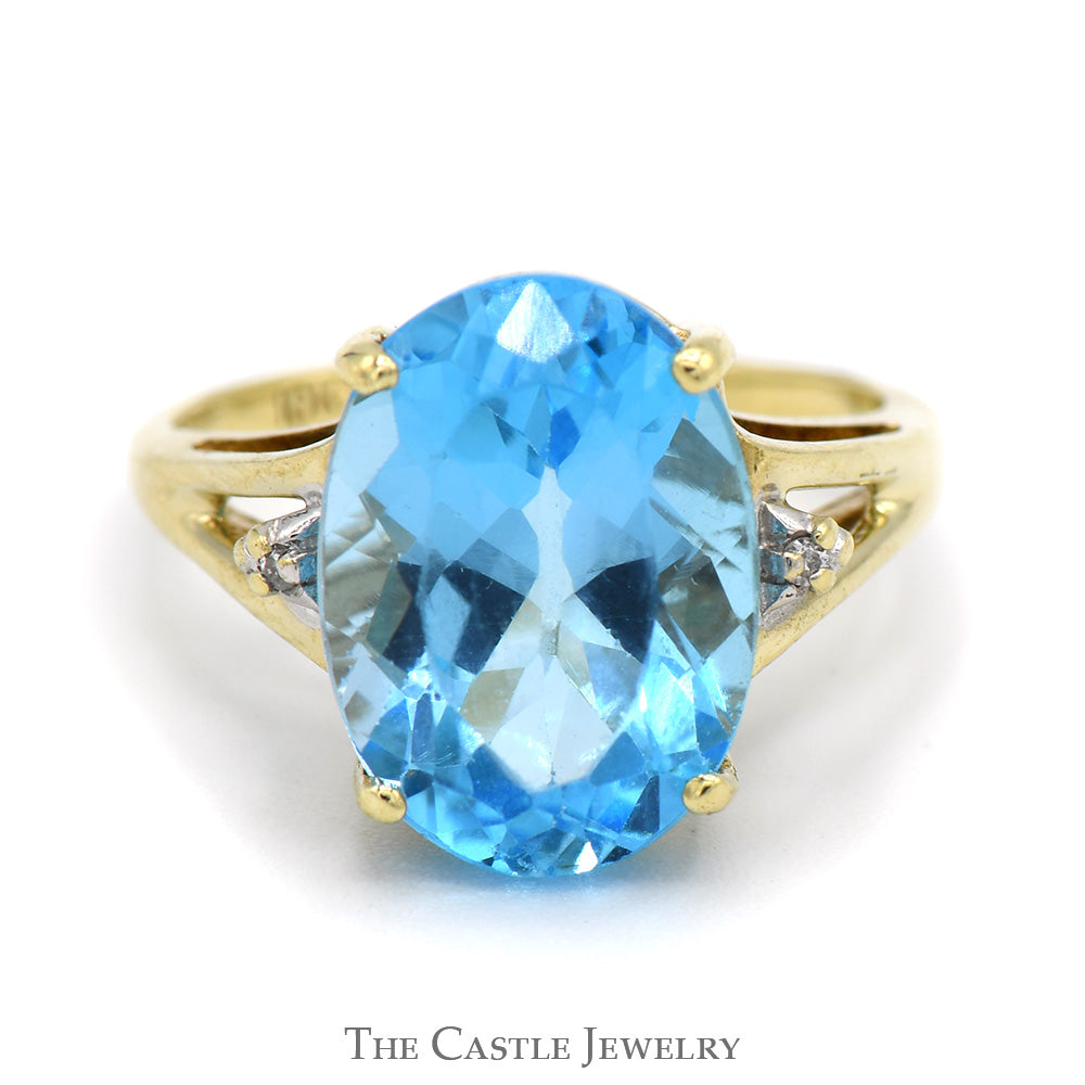 Oval Blue Topaz Ring with Diamond Accents in 10k Yellow Gold Split Sha ...