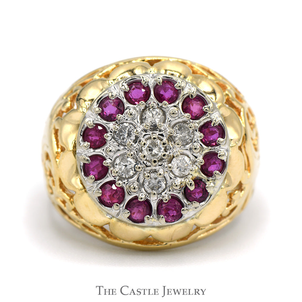 Diamond & Ruby Kentucky Cluster Ring with Open Filigree Sides in 14k Y ...