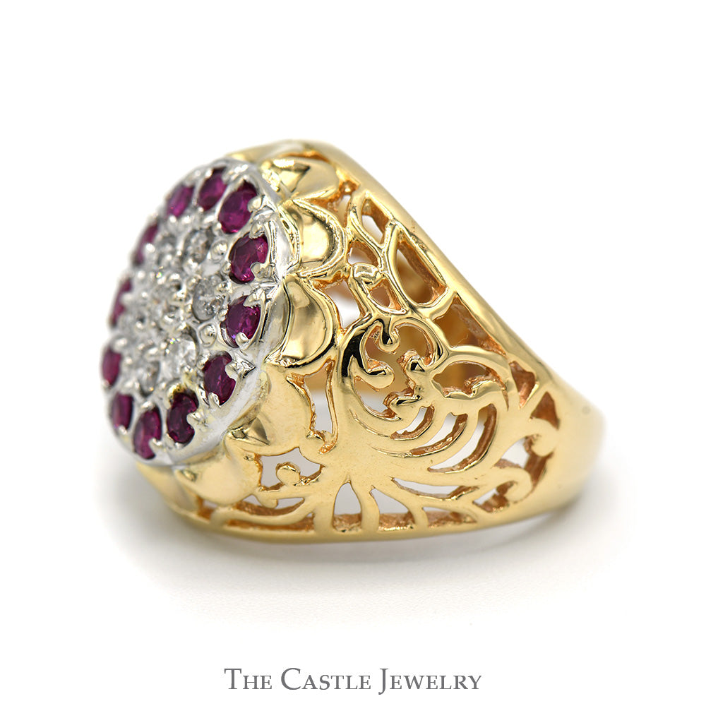 Diamond & Ruby Kentucky Cluster Ring with Open Filigree Sides in 14k Y ...