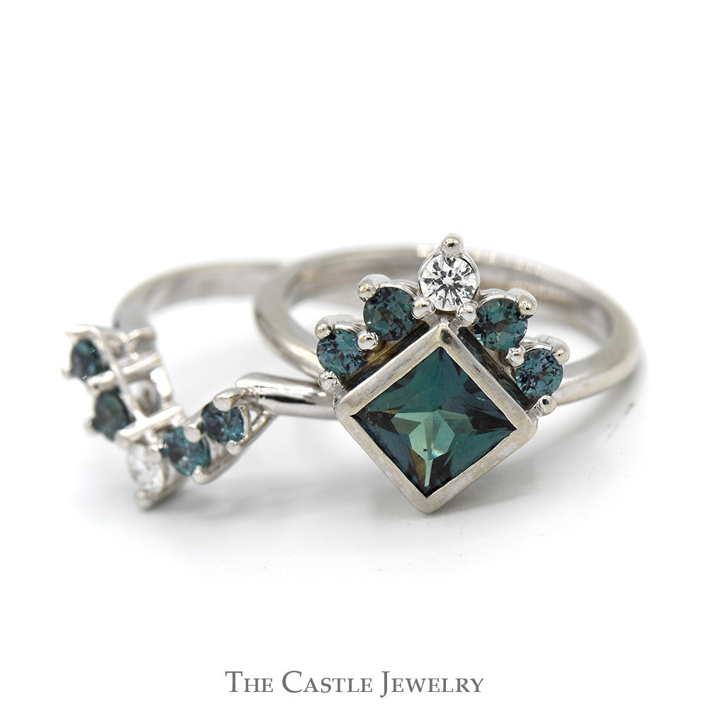 Bezel Set Square Alexandrite Ring with Diamond Accents and Matching Ba ...