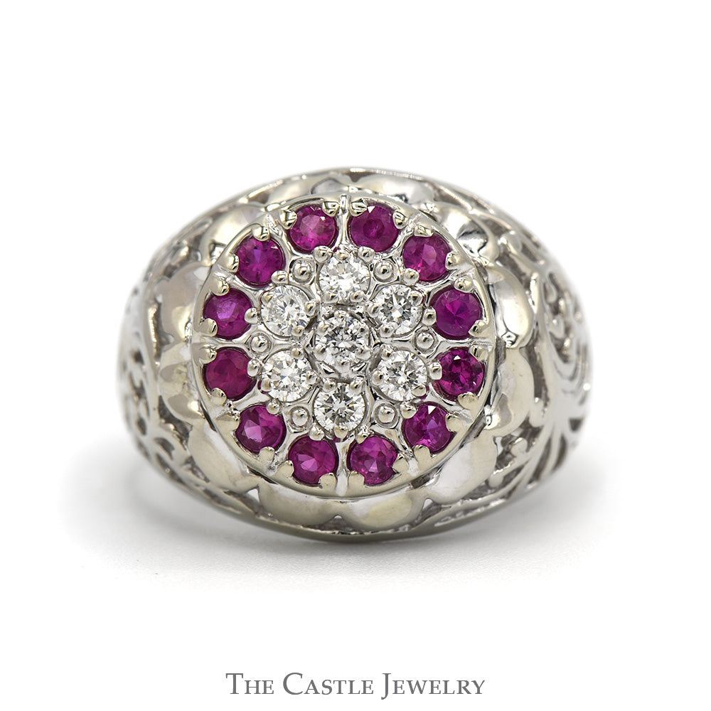 Ruby & Diamond Kentucky Cluster Ring with Open Filigree Sides in 10k W ...