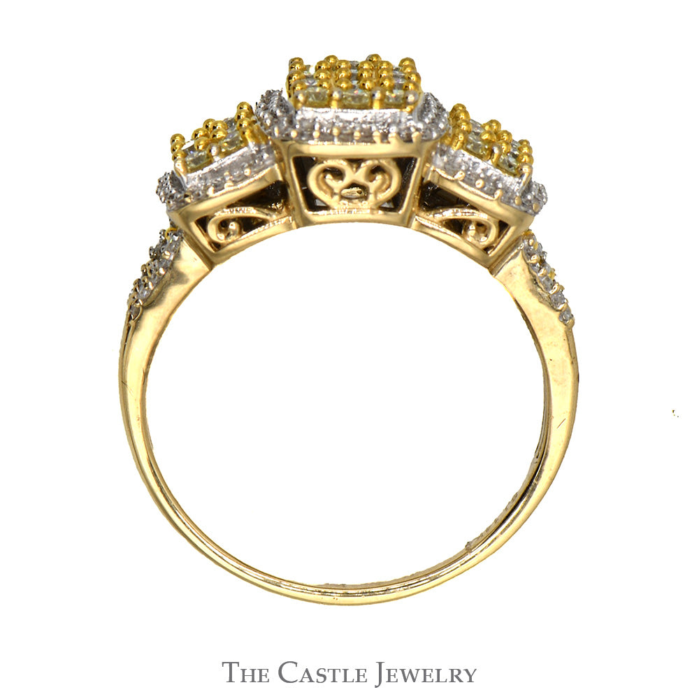 Triple Fancy Light Yellow Diamond Cluster Ring with Diamond Halo and A ...