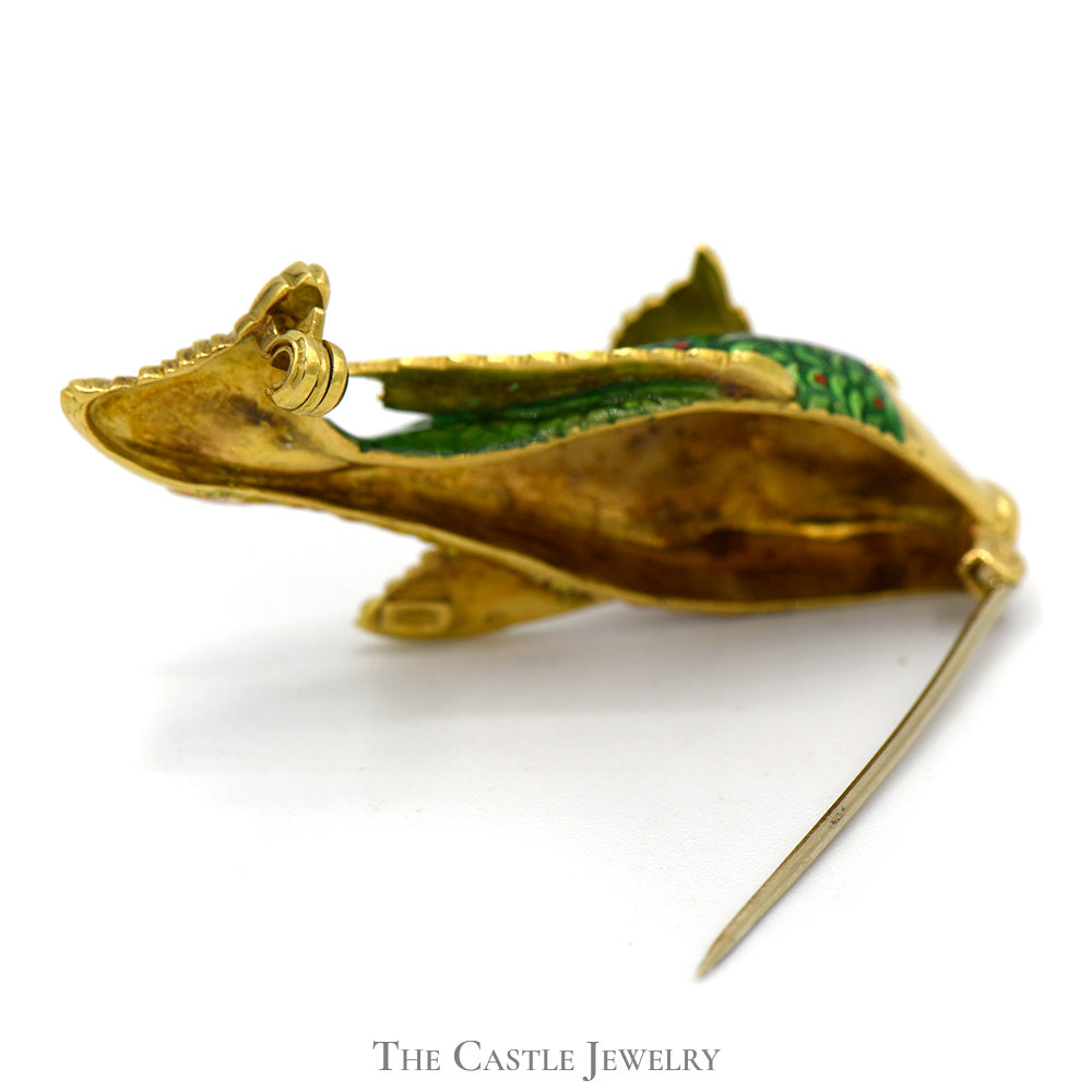 Colorful Green Enamel Fish Brooch Pin with Diamond Accent in 18k Yello ...