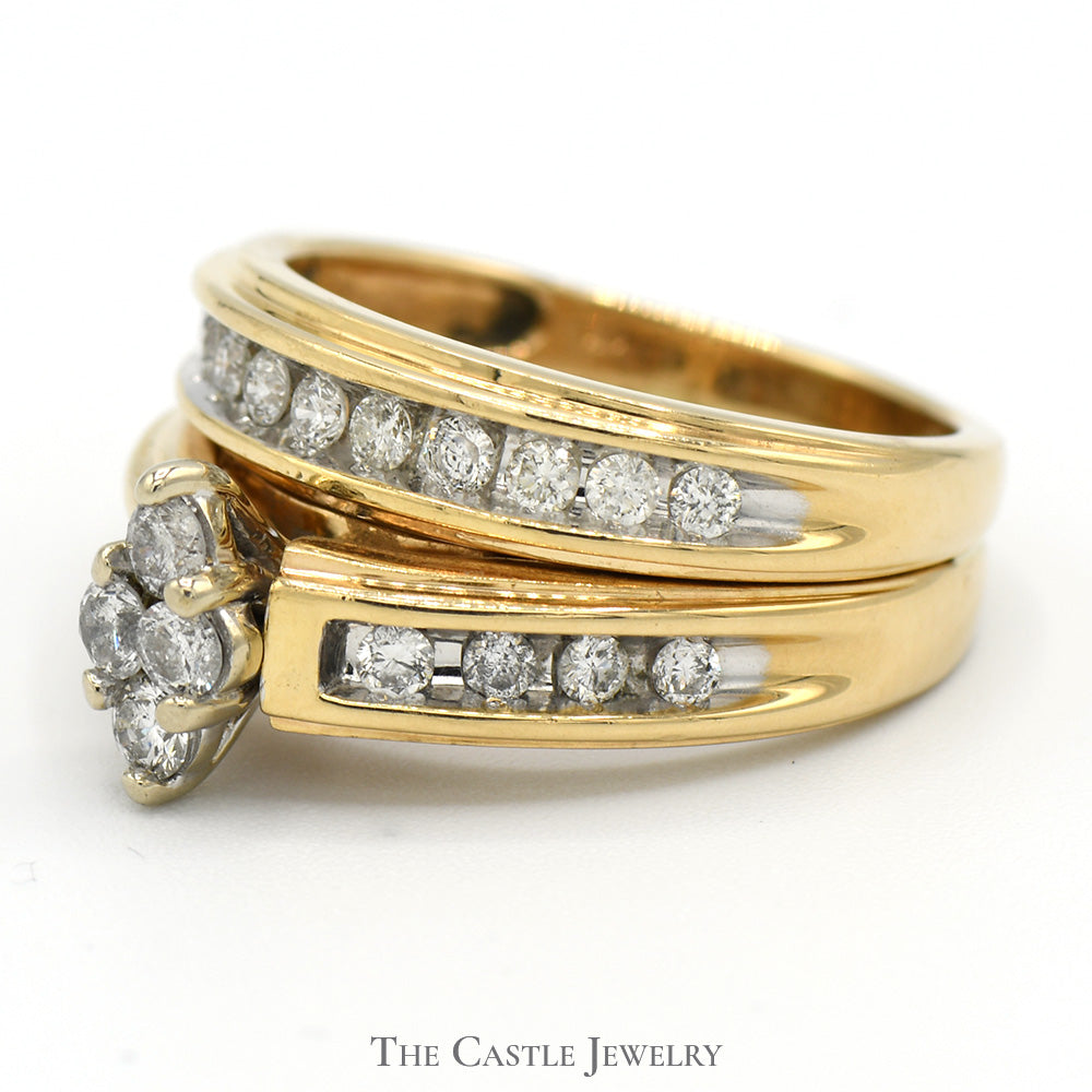 Marquise Shaped Diamond Cluster Bridal Set with Diamond Accents and Ma ...