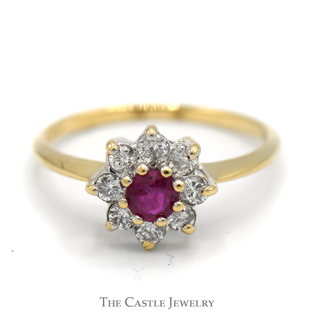 Round Ruby Ring with Diamond Halo in 10k Yellow Gold – The Castle Jewelry