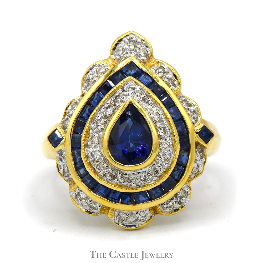 Pear Shaped Sapphire Ring with Diamond & Sapphire Halo in 18k Yellow G ...