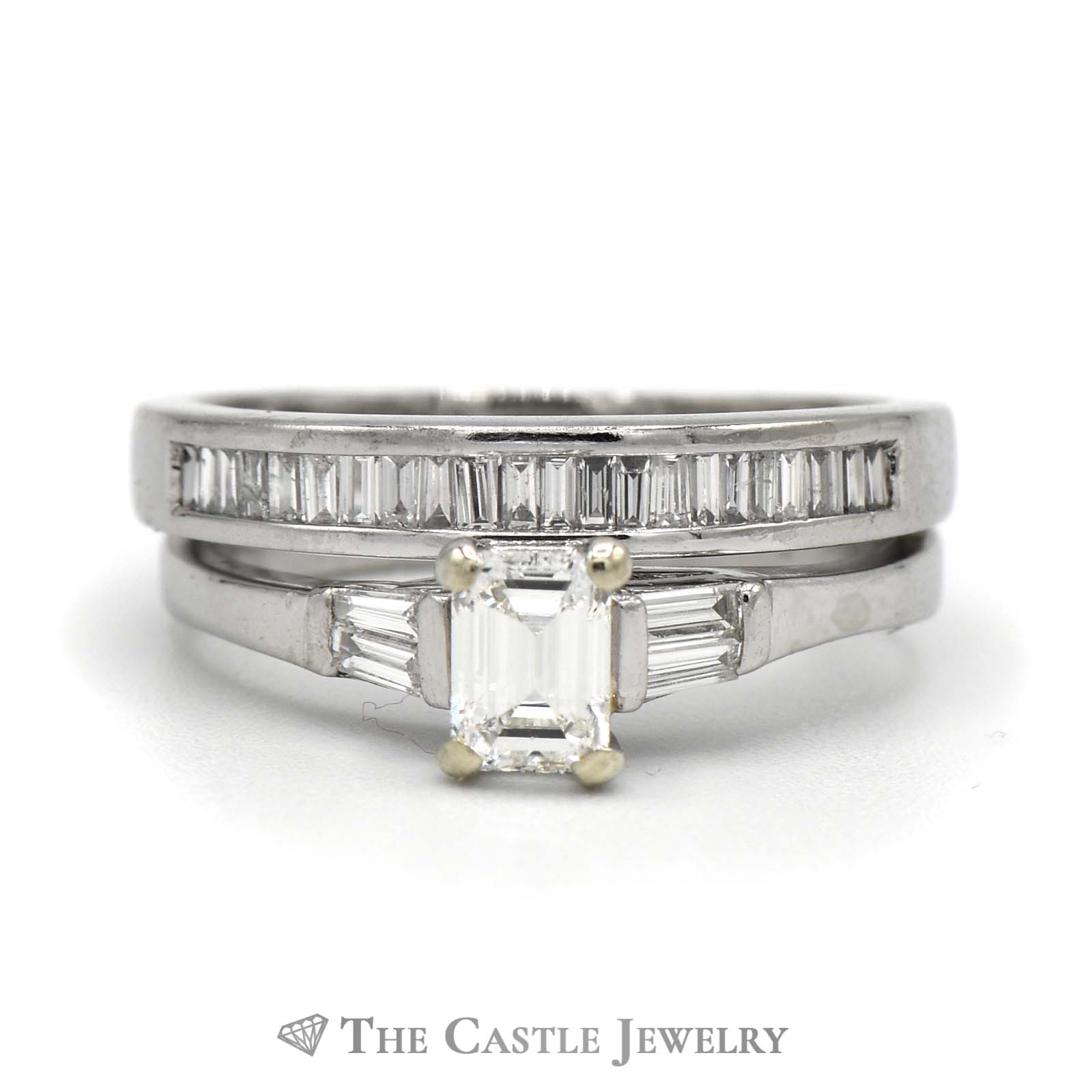 Emerald Cut Diamond Engagement Ring and Diamond Band Bridal Set in Pla ...