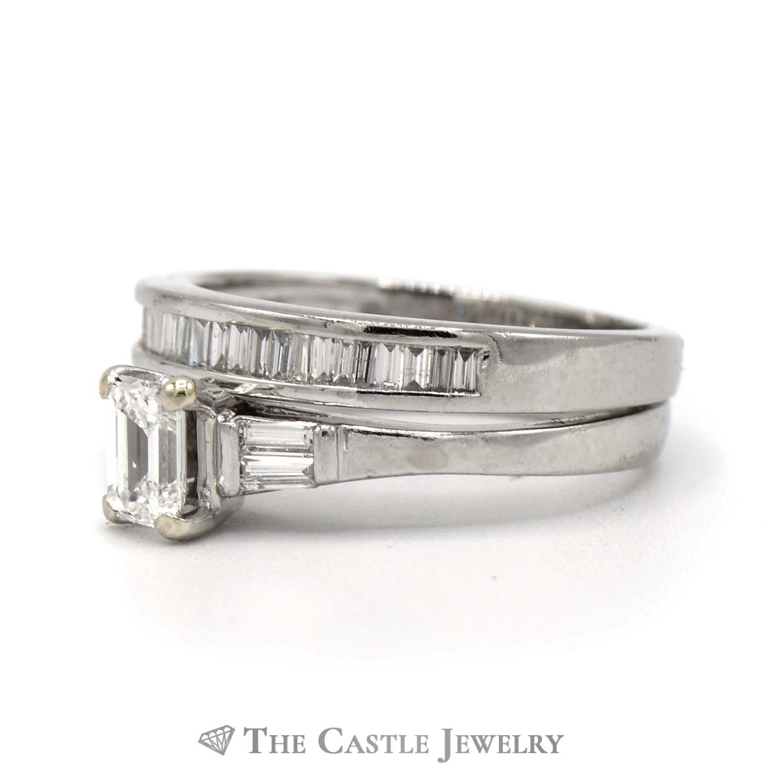 Emerald Cut Diamond Engagement Ring and Diamond Band Bridal Set in Pla ...