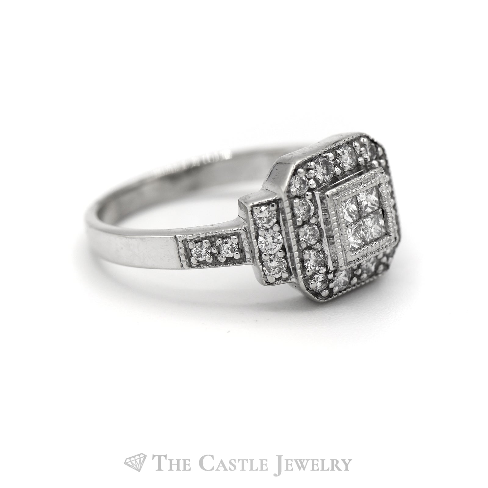 .75CTTW Princess Cut Diamonds with Round Cut Diamond Bezel in 14K Whit ...