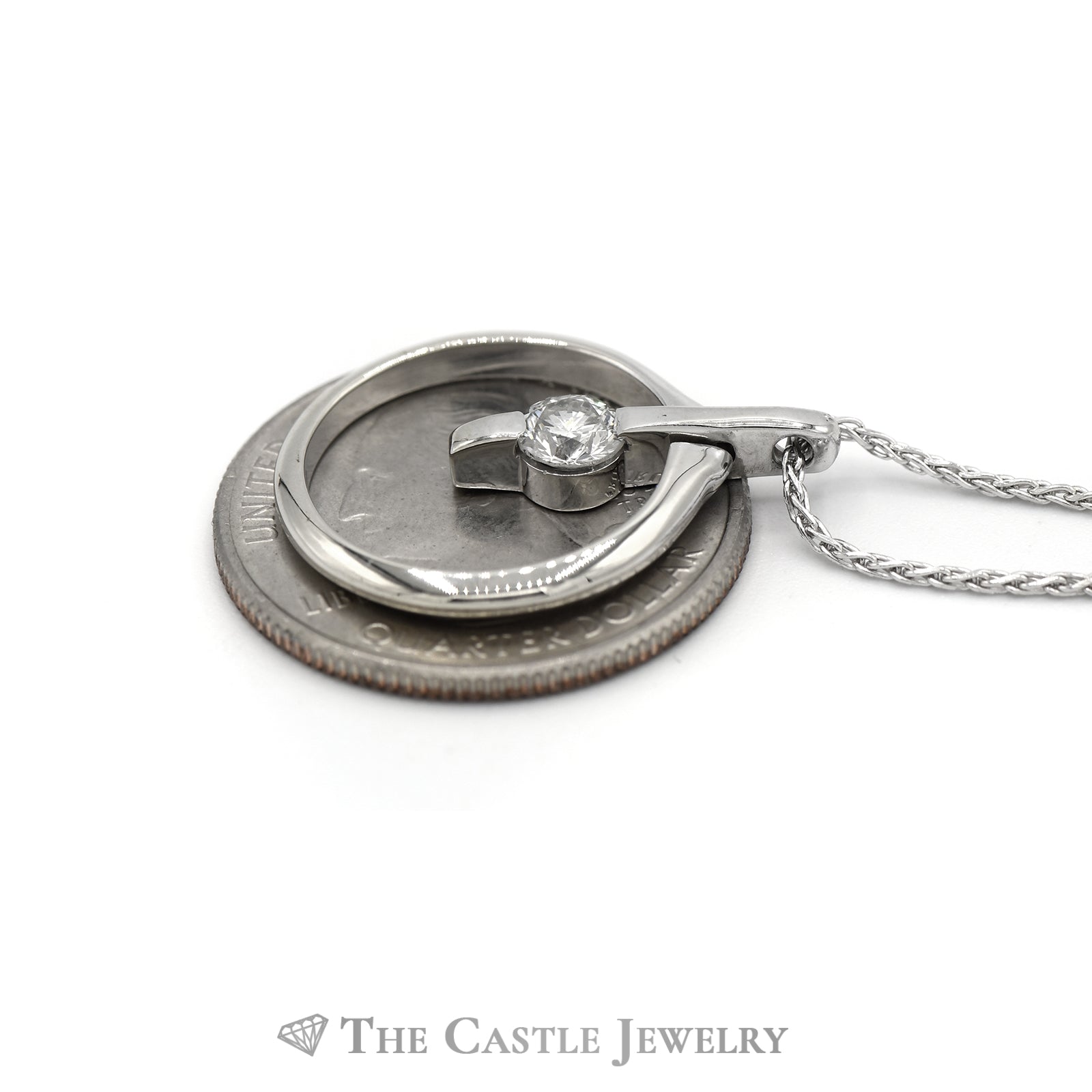 16 Necklace with O Ring Pendant with Round Diamond Solitaire in 14KT White Gold