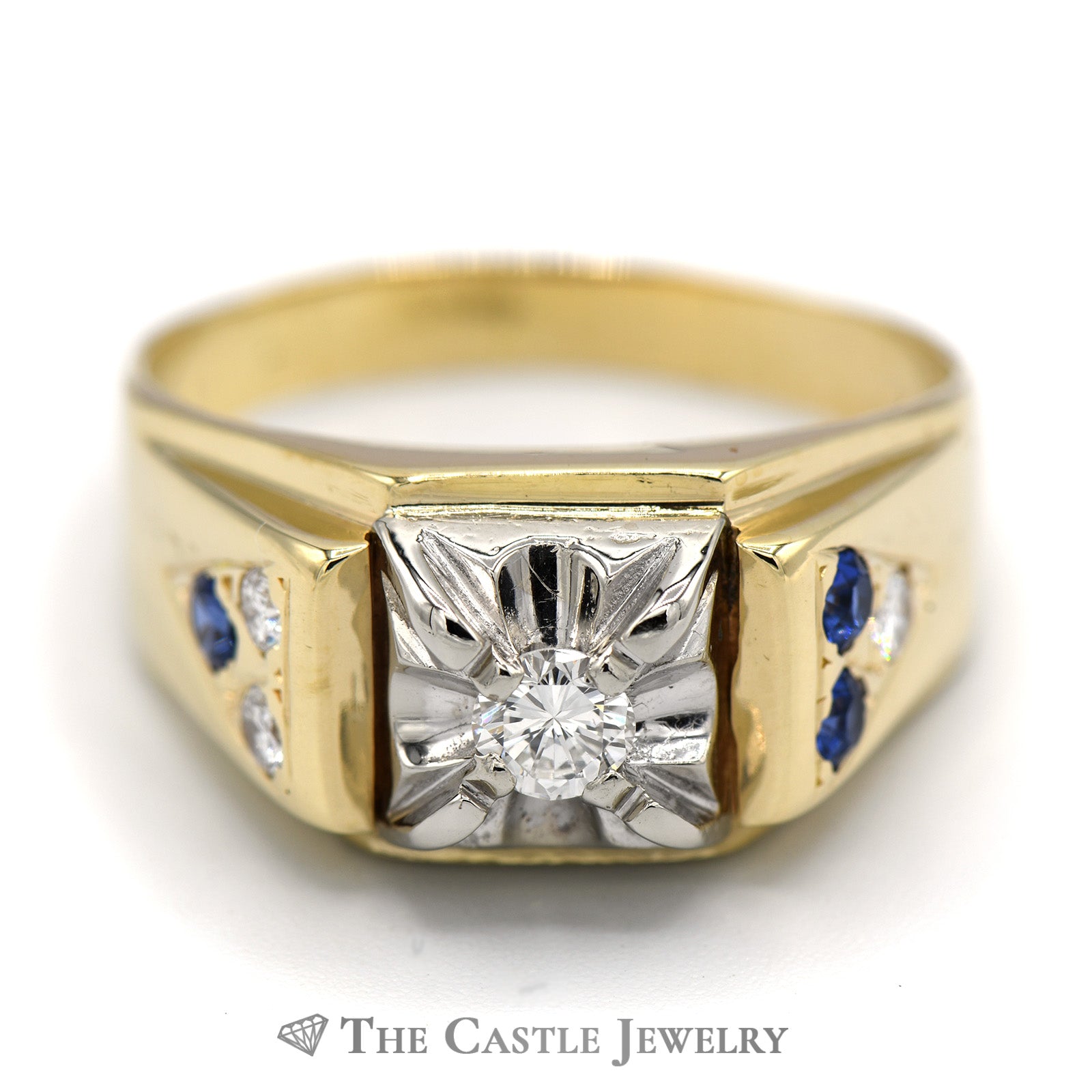 Men's Diamond Solitaire with Flat Set Sapphire and Diamond Accents in ...