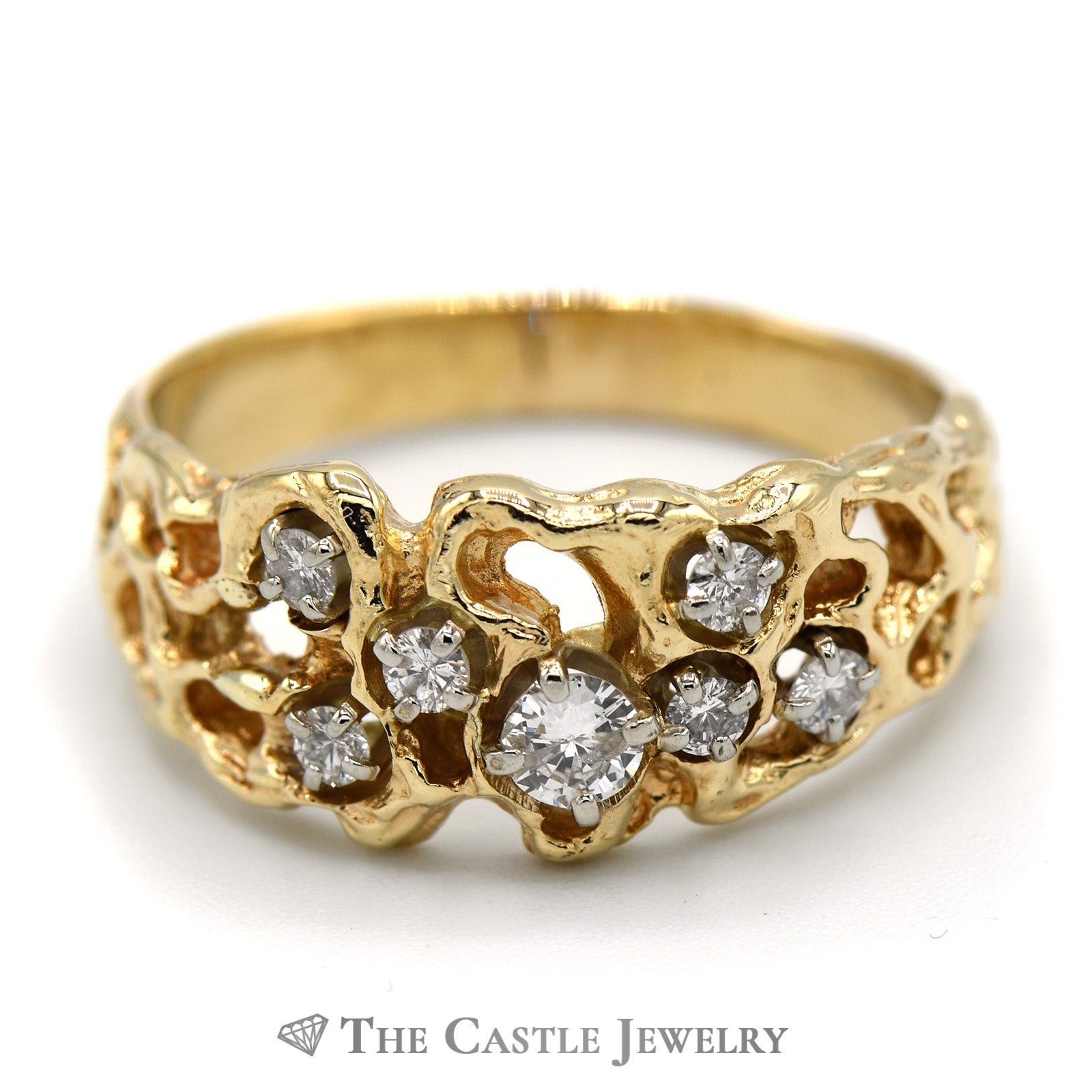 1/2cttw Round Diamond Cluster Ring set in 14k Yellow Gold Nugget Mount ...