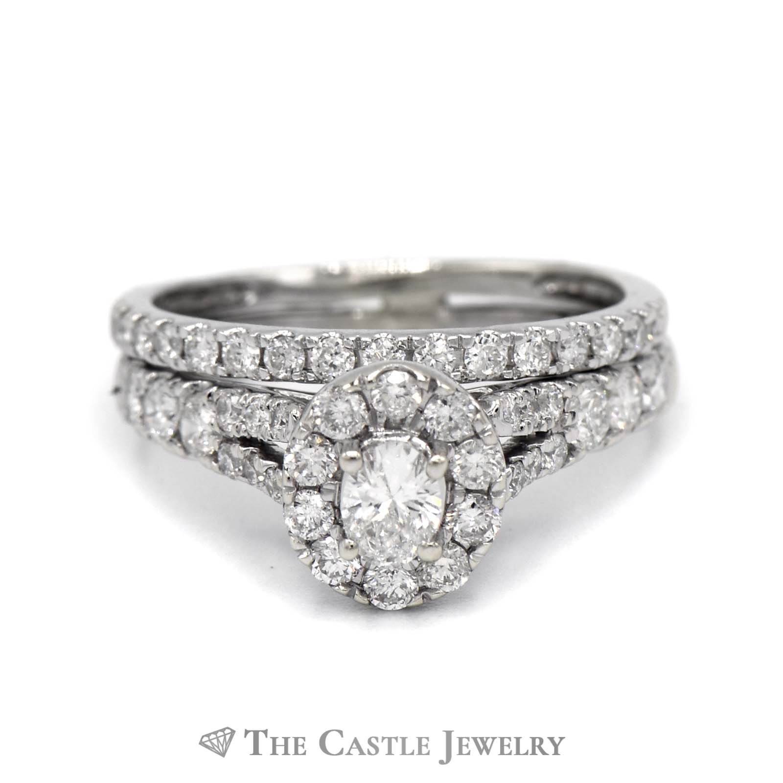 1cttw Oval Cut Diamond Bridal Set with Halo and Accented Matching Band ...