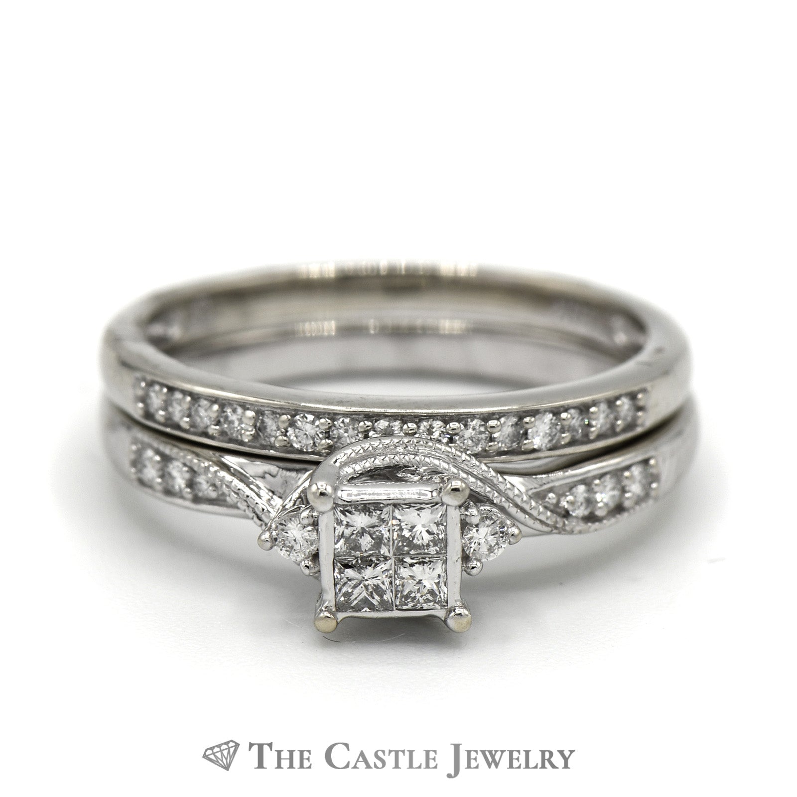 Invisiset Princess Cut Diamond Cluster Bridal Set with Round Diamond A ...